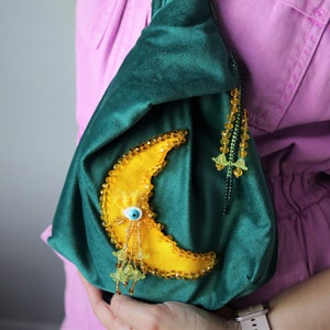 Beaded Moon Embroidered Bag, Velvet Handbag With Embroidery, Hand ...