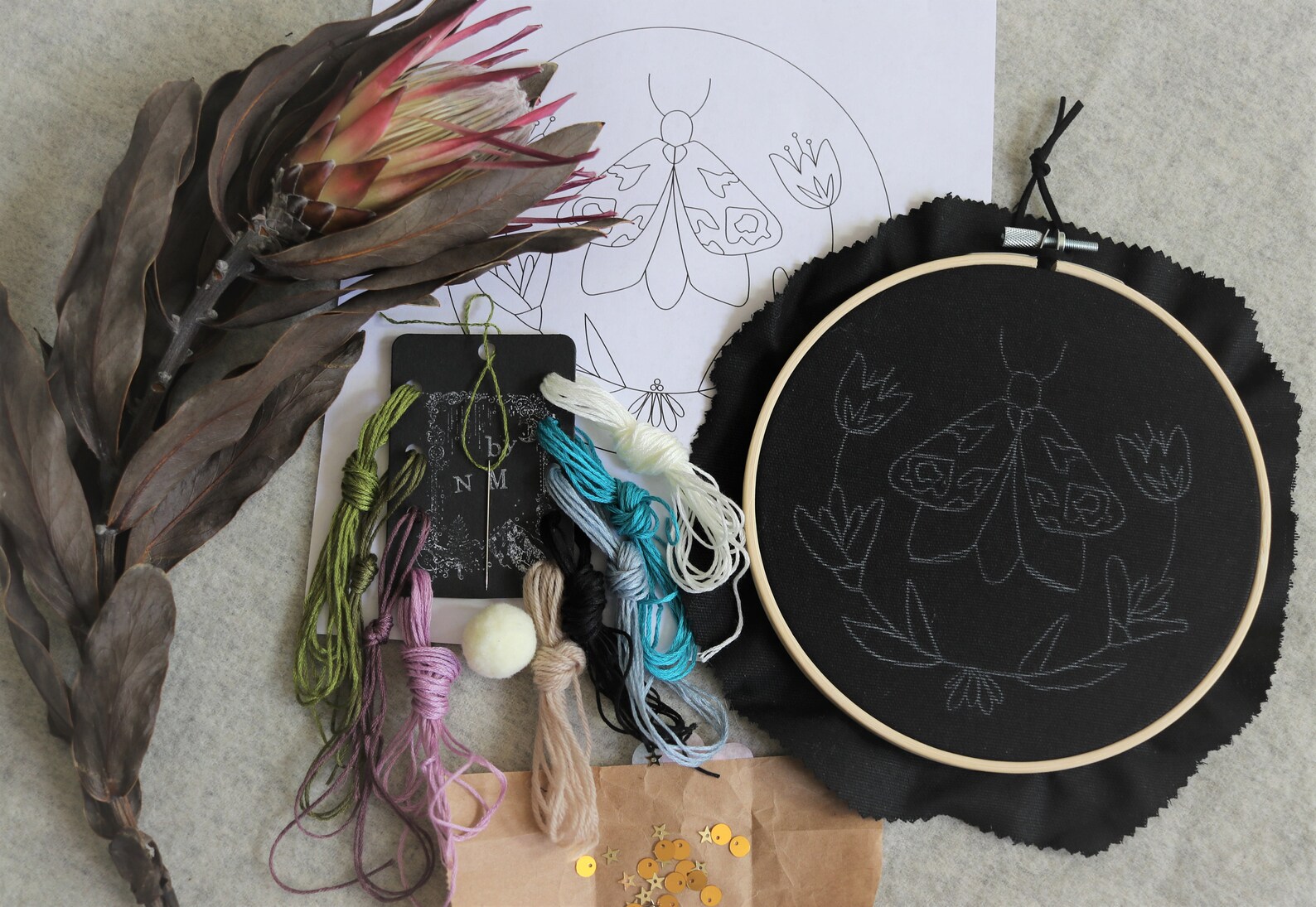 DIY Embroidery KIT Moth in flowers beginner embroidery kit | Etsy