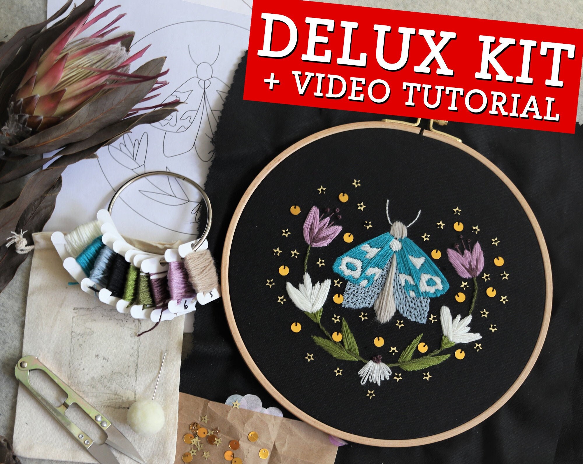 DIY Embroidery KIT Moth in flowers beginner embroidery kit | Etsy