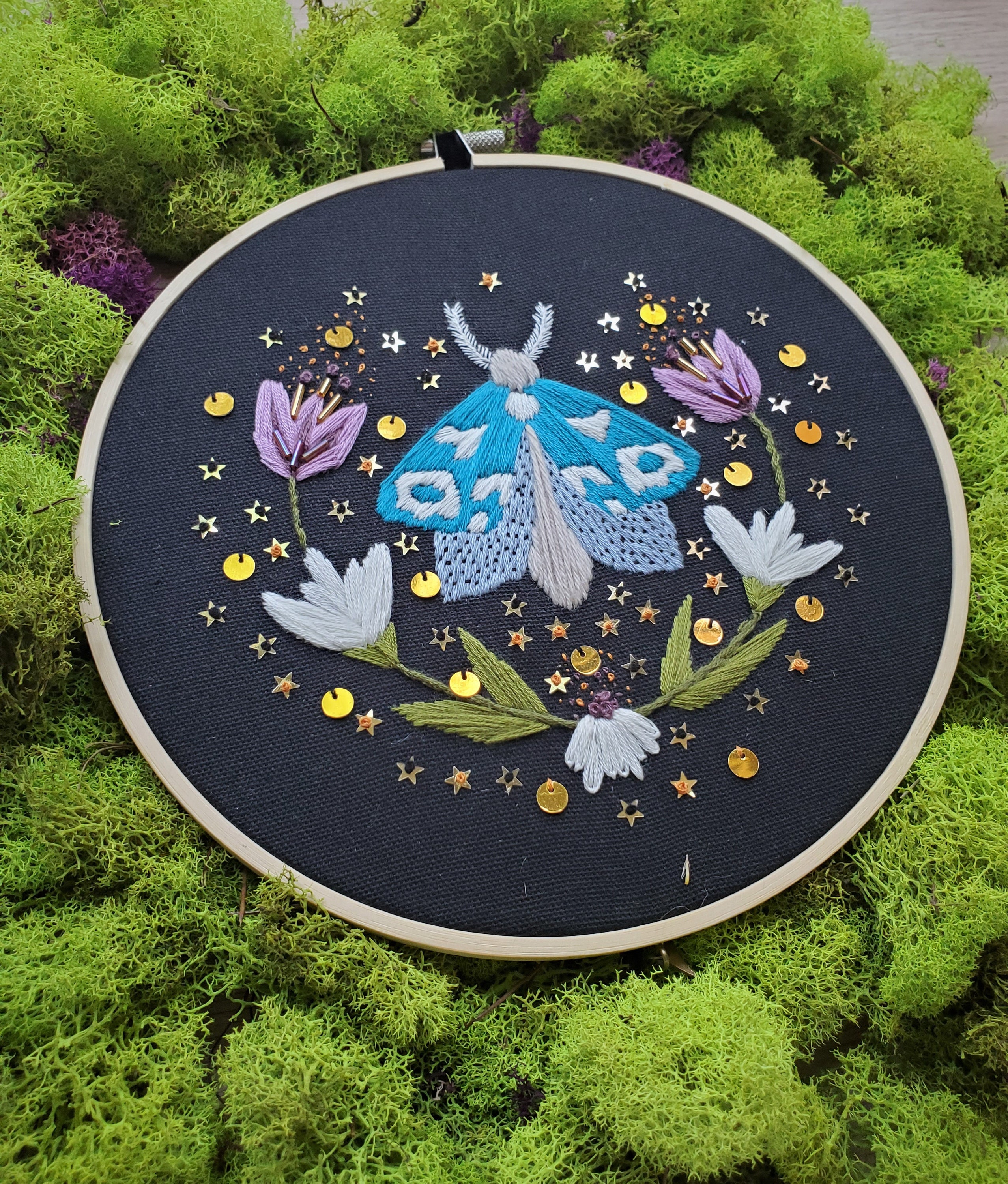 DIY Embroidery KIT Moth in flowers beginner embroidery kit | Etsy