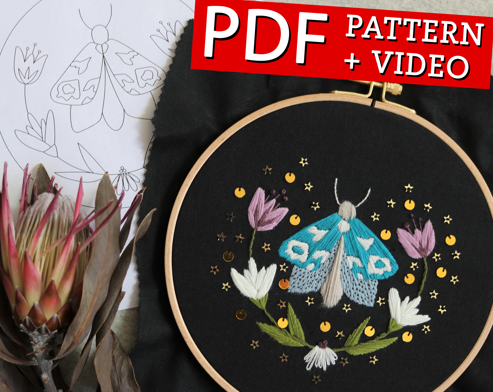 Moth in Flowers Embroidery Pattern PDF Download video - Etsy