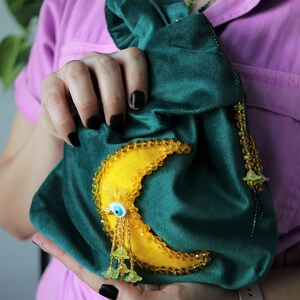 Beaded Moon Embroidered Bag, Velvet Handbag With Embroidery, Hand ...
