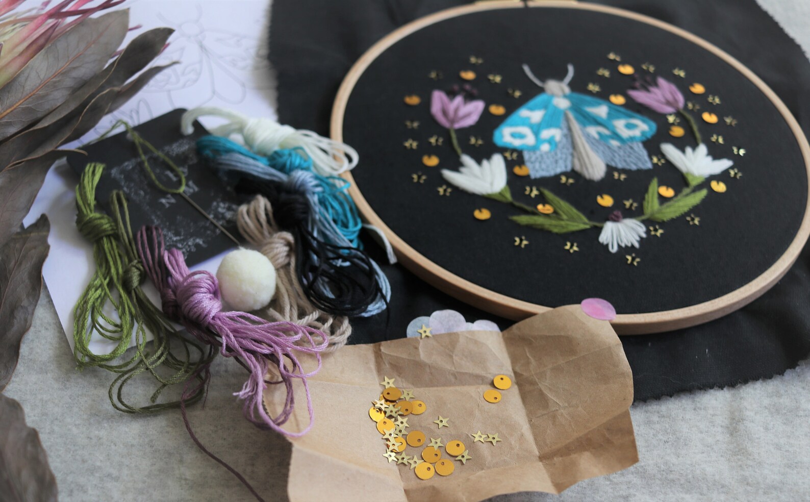 DIY Embroidery KIT Moth in flowers beginner embroidery kit | Etsy