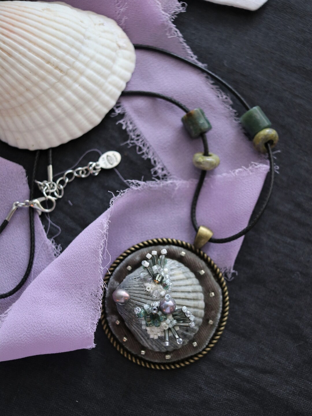 Beaded Shell Medallion Necklace Triton, Shell Statement Necklace ...