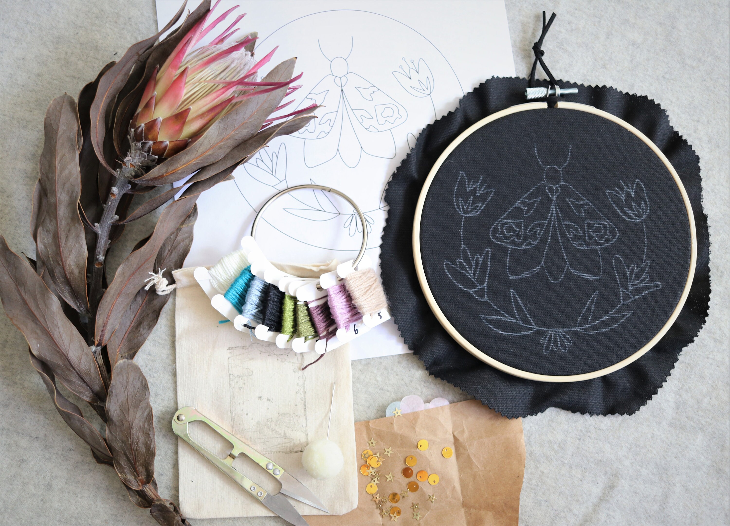 DIY Embroidery KIT Moth in flowers beginner embroidery kit | Etsy