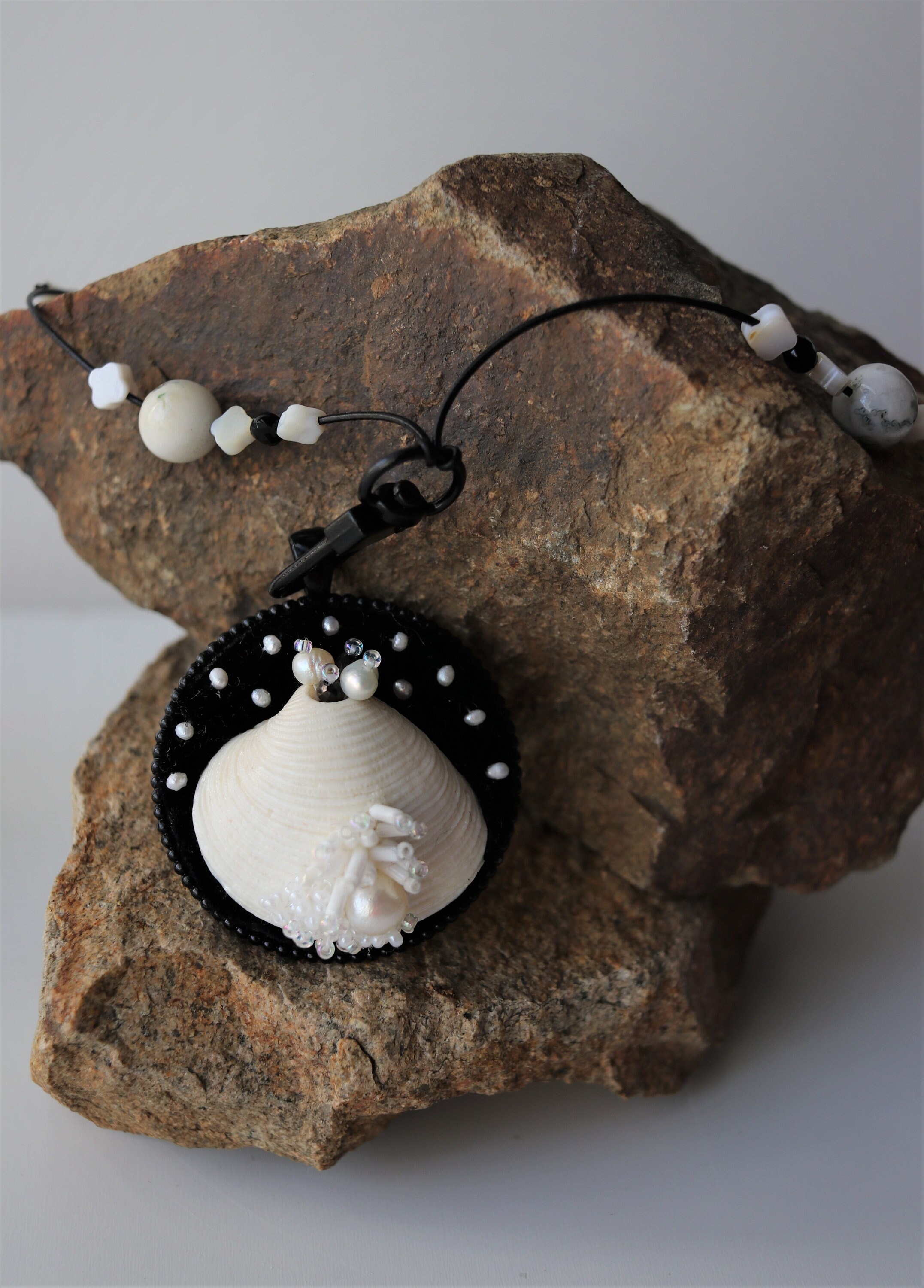 Beaded Shell Medallion Necklace Luna, Shell Statement Necklace ...