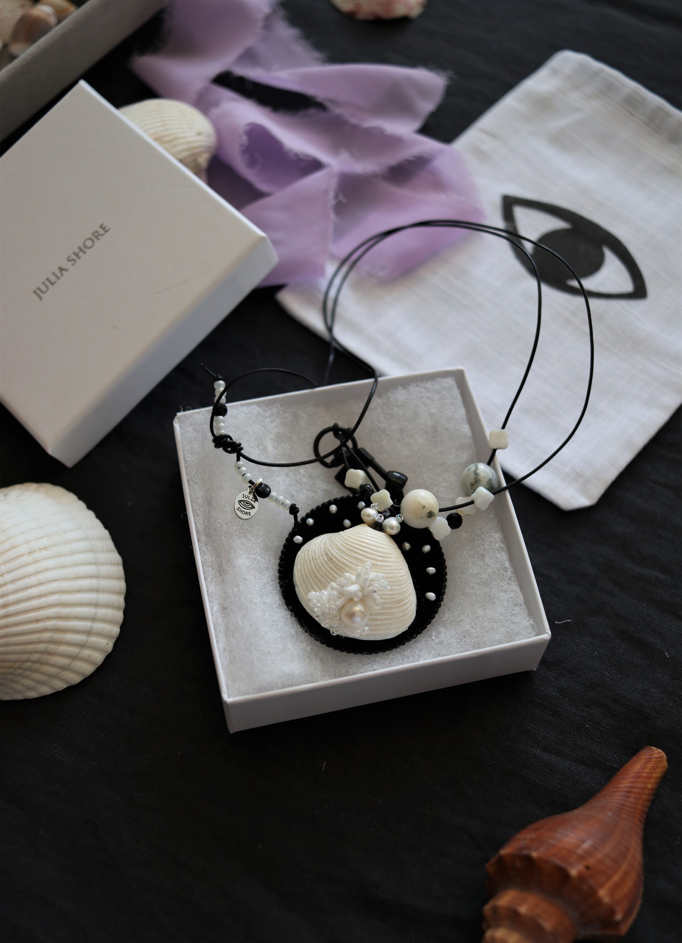 Beaded Shell Medallion Necklace Luna, Shell Statement Necklace ...