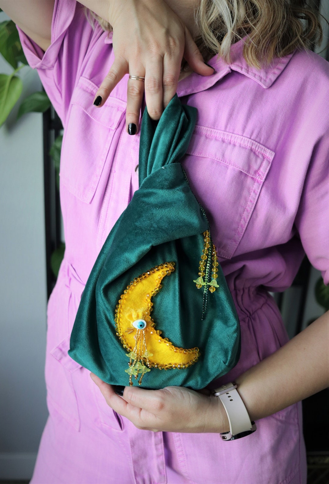 Beaded Moon Embroidered Bag, Velvet Handbag With Embroidery, Hand ...