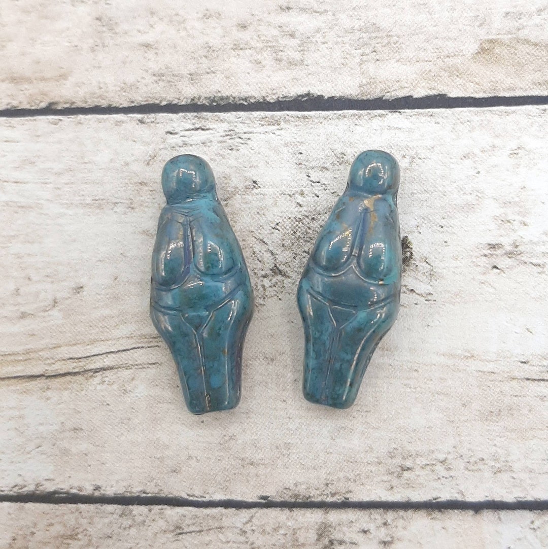 Rustic Tribal Goddess Venus of Willendorf Beads, Czech Glass in Blue ...