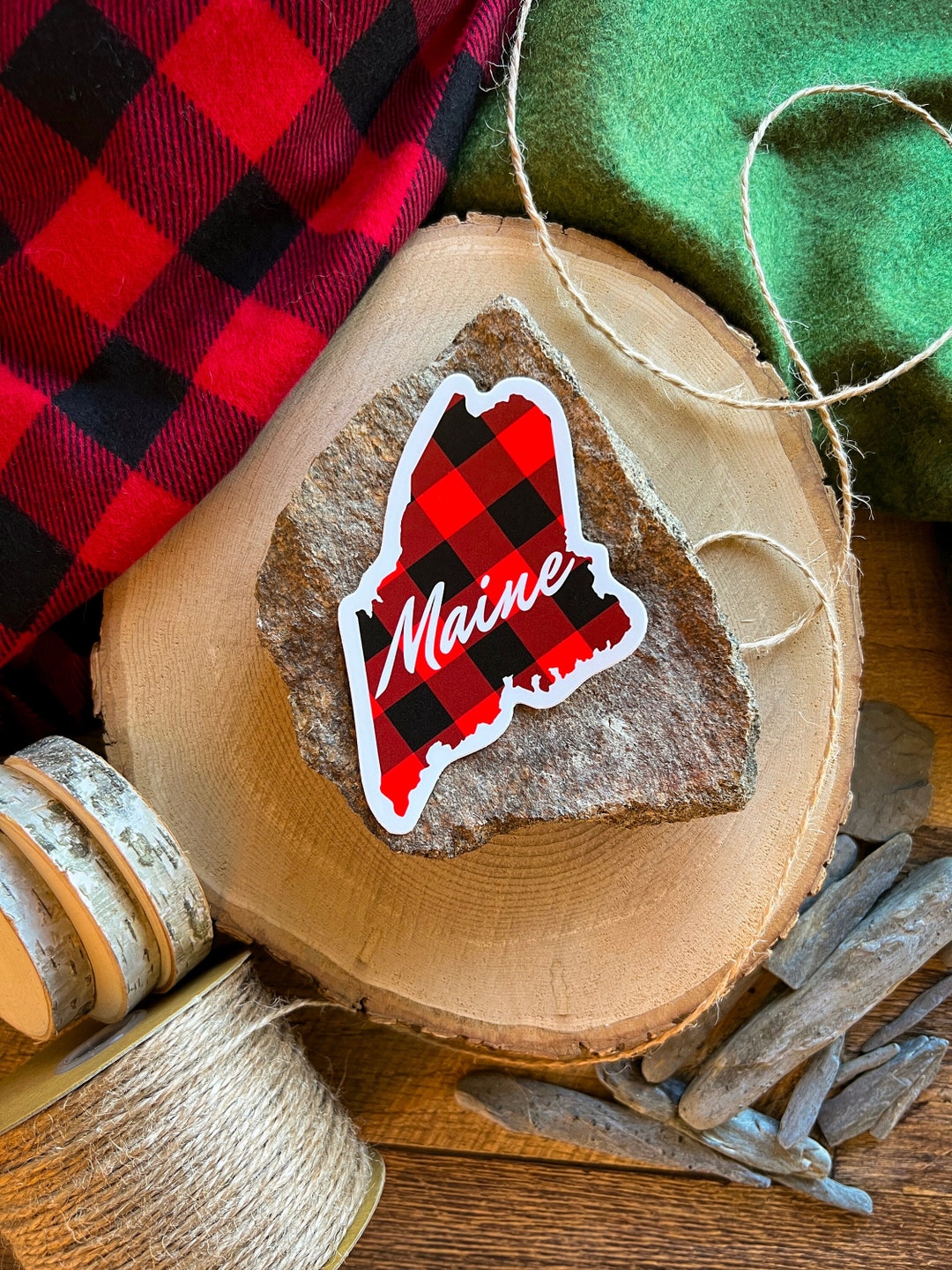 XL Holiday Plaid Maine Vinyl Sticker - Red Buffalo Plaid - 4.25 Inch ...