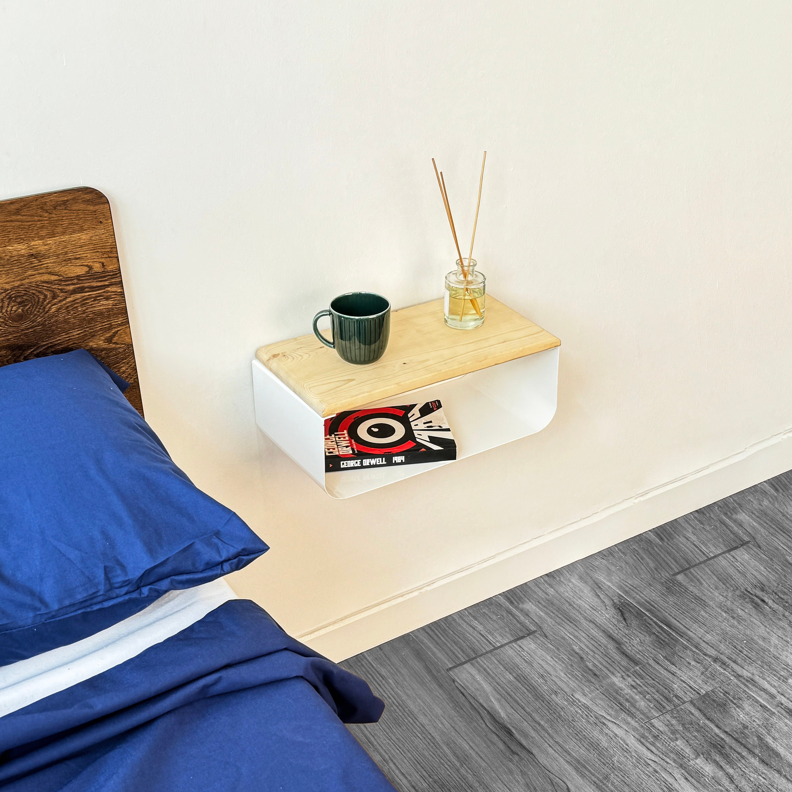 Spruce Floating Nightstand Bedside Table Minimalist Wall Mounted Shelf Mid Century Modern ...