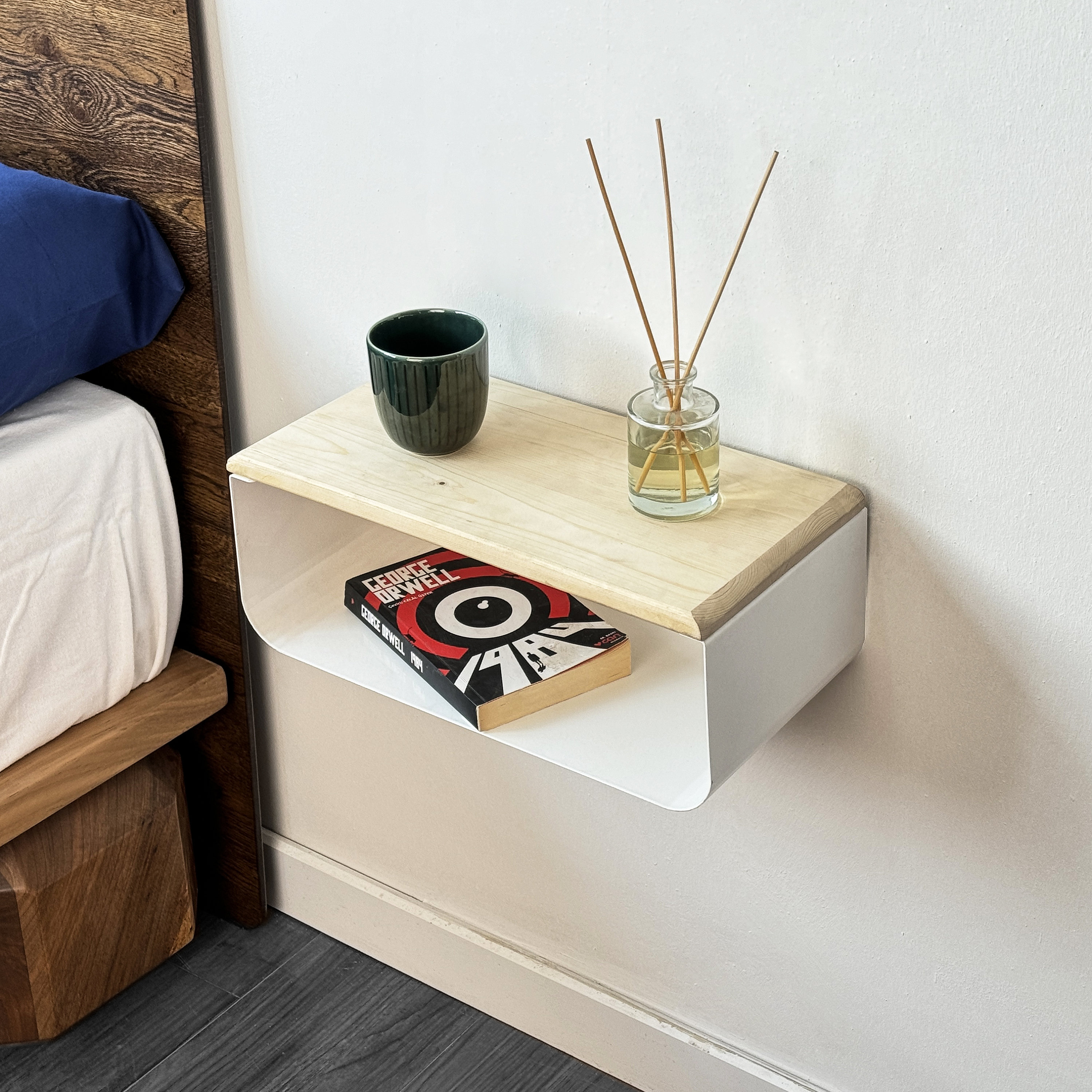 Spruce Floating Nightstand Bedside Table Minimalist Wall Mounted Shelf Mid Century Modern ...