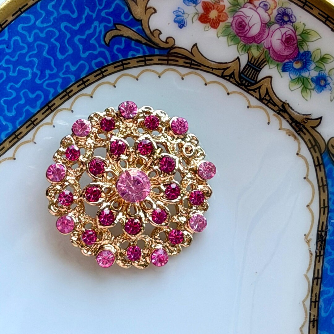 Vintage Pink Rhinestone Floral Brooch: Gold Tone Round Cluster 1.25 ...