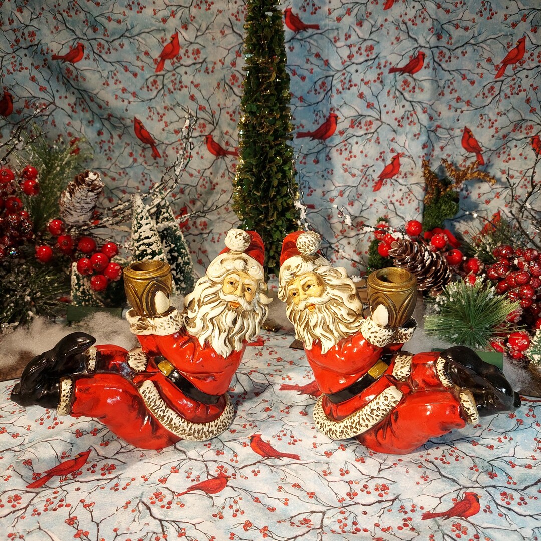Vintage Set Paper Mache Sitting Santa Claus Candle Holder Japan Hand ...
