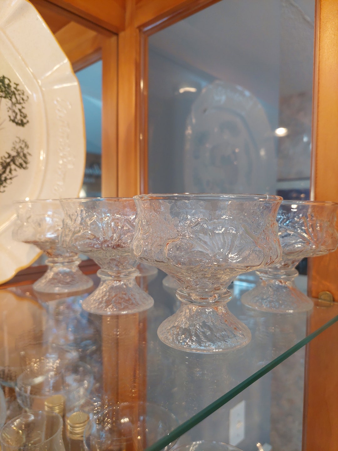 Set of Six Anchor Hocking Rain Flower Clear Flower Embossed Sherbet and ...