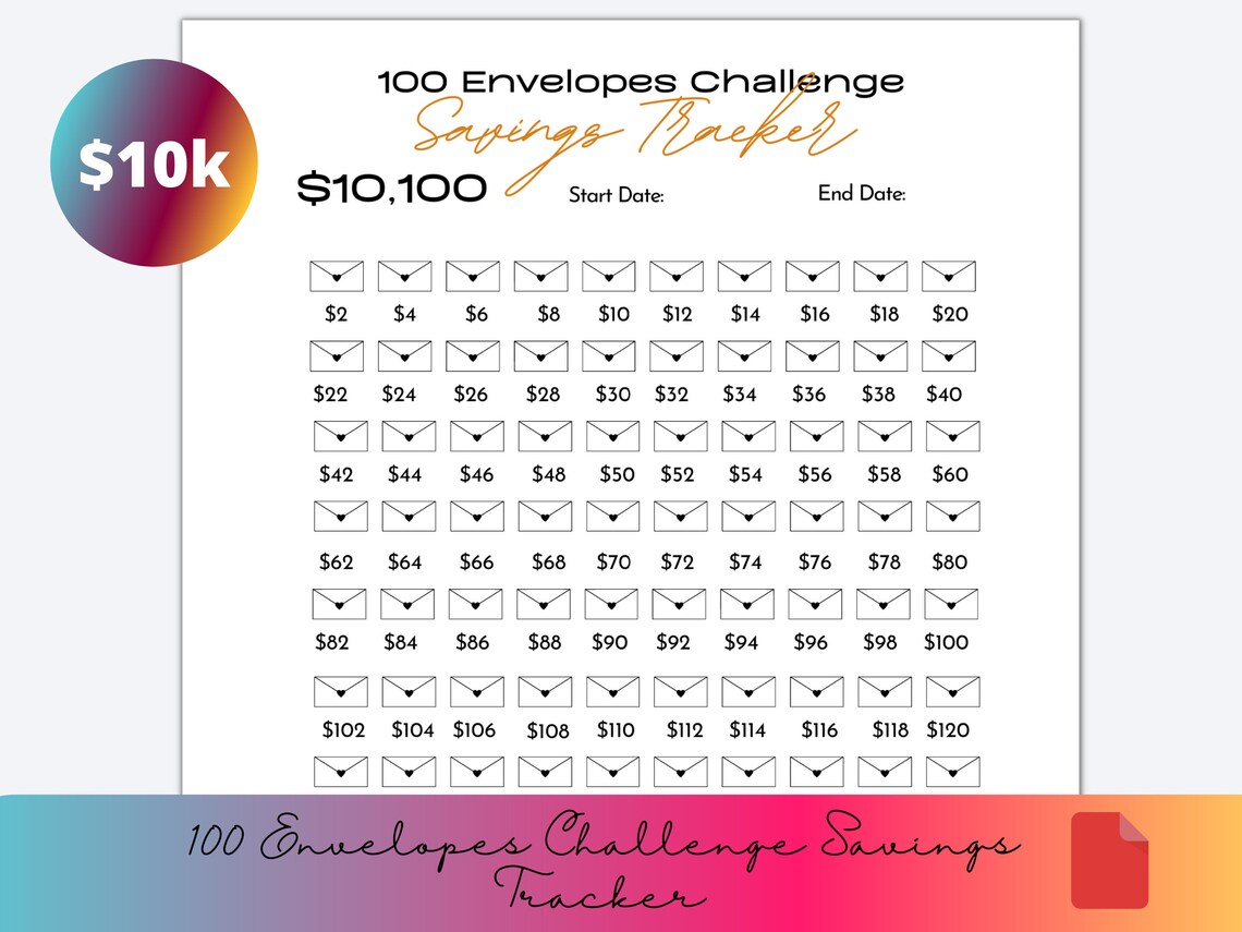 100 Envelope Challenge to Save 10K , Savings Challenge Printable PDF ...