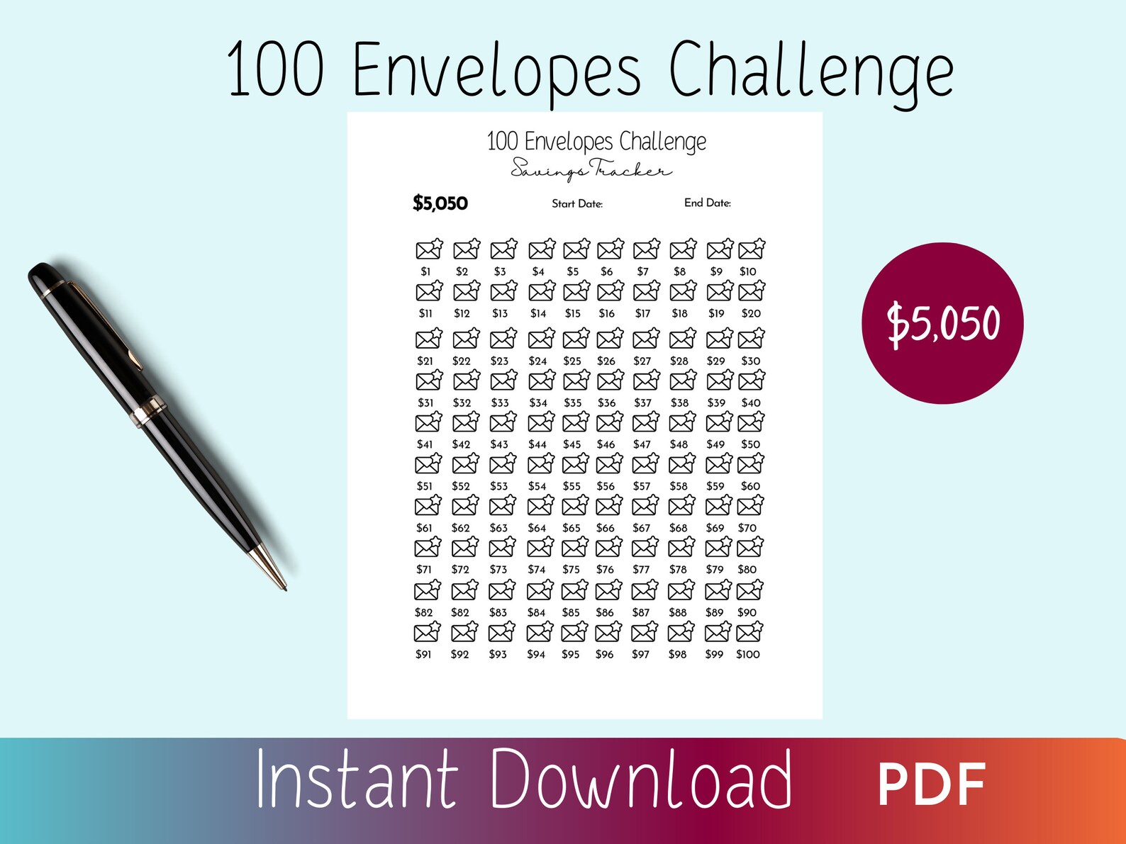 100 Envelope Challenge Savings Tracker, 5k Saving Challenge, 100 Days ...