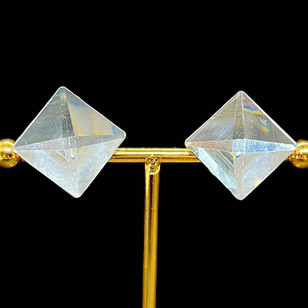 VINTAGE | Mirrored Glass Diamond Shape Clip-on Earrings | Faceted ...