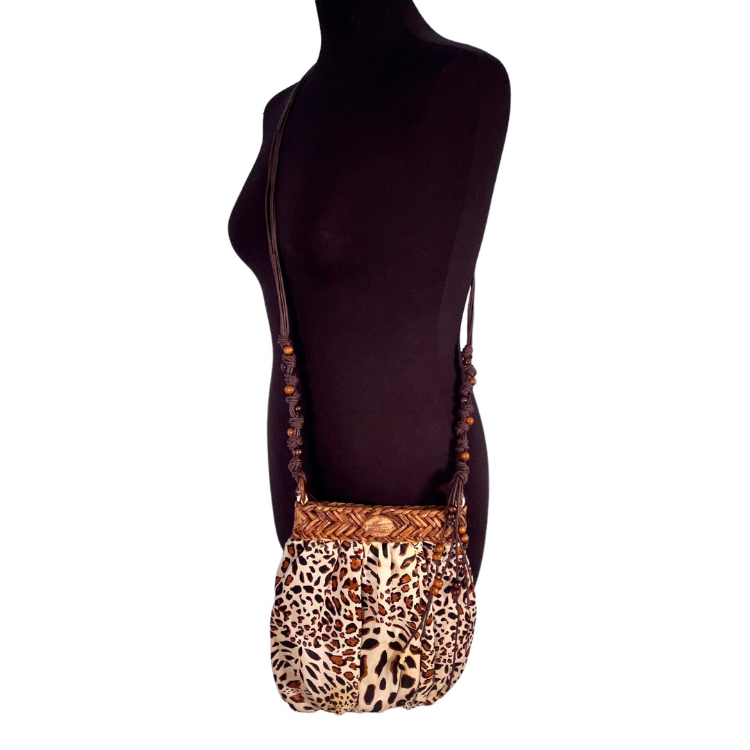 VINTAGE | Cappelli Straworld Leopard Print Purse | Satin Fabric | Straw ...
