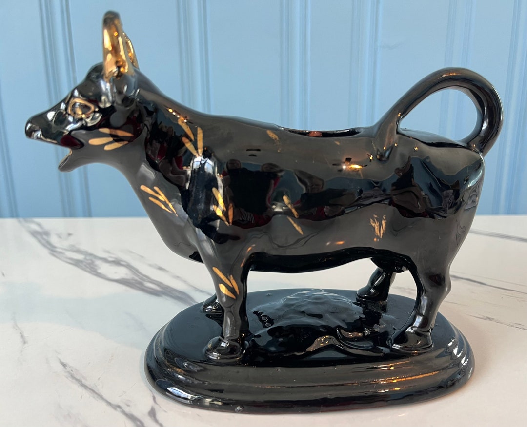 ANTIQUE | Jackfield Pottery Cow Bull Creamer | Glossy Black Glaze ...
