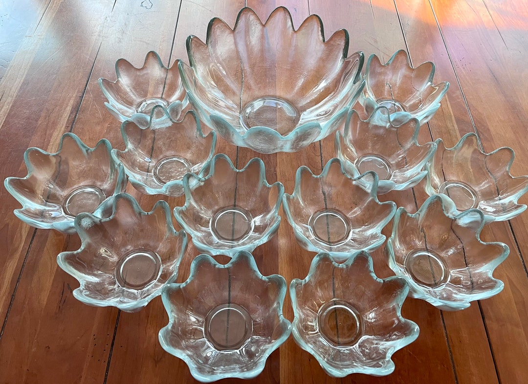 VINTAGE | 13 Piece Blenko Glass Salad Set | Lotus Pattern | Clear Glass ...