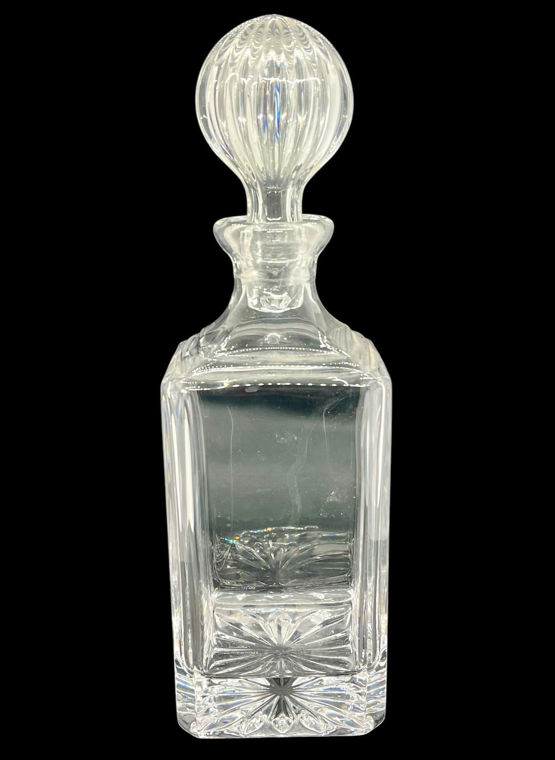 VINTAGE | Clear Cut Square Crystal Decanter With Round Ribbed Stopper ...