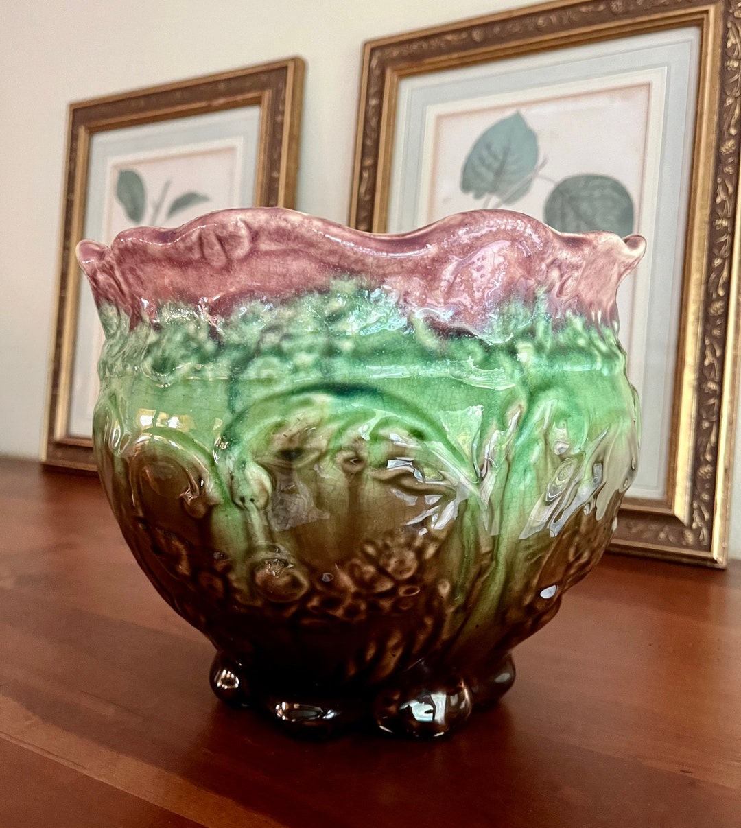 VINTAGE Weller Pottery Jardiniere Majolica Pink Green - Etsy