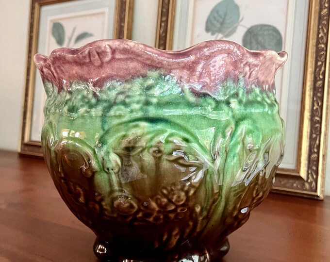 VINTAGE | Weller Pottery Jardiniere | Majolica Pink Green Brown | Large ...