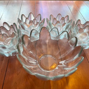 VINTAGE 13 Piece Blenko Glass Salad Set Lotus Pattern Clear Glass Bowls ...