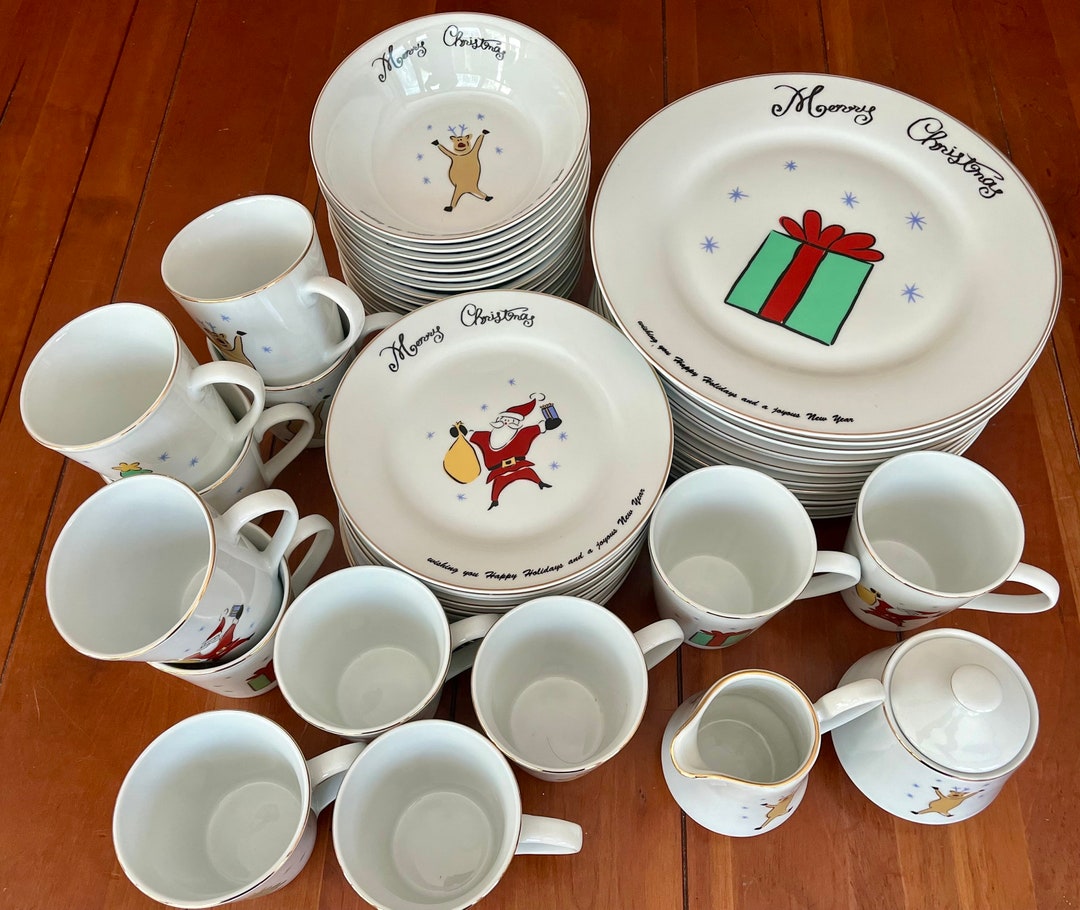 VINTAGE | Merry Brite Merry Christmas Dinnerware Set | 50 Pieces | 12 ...