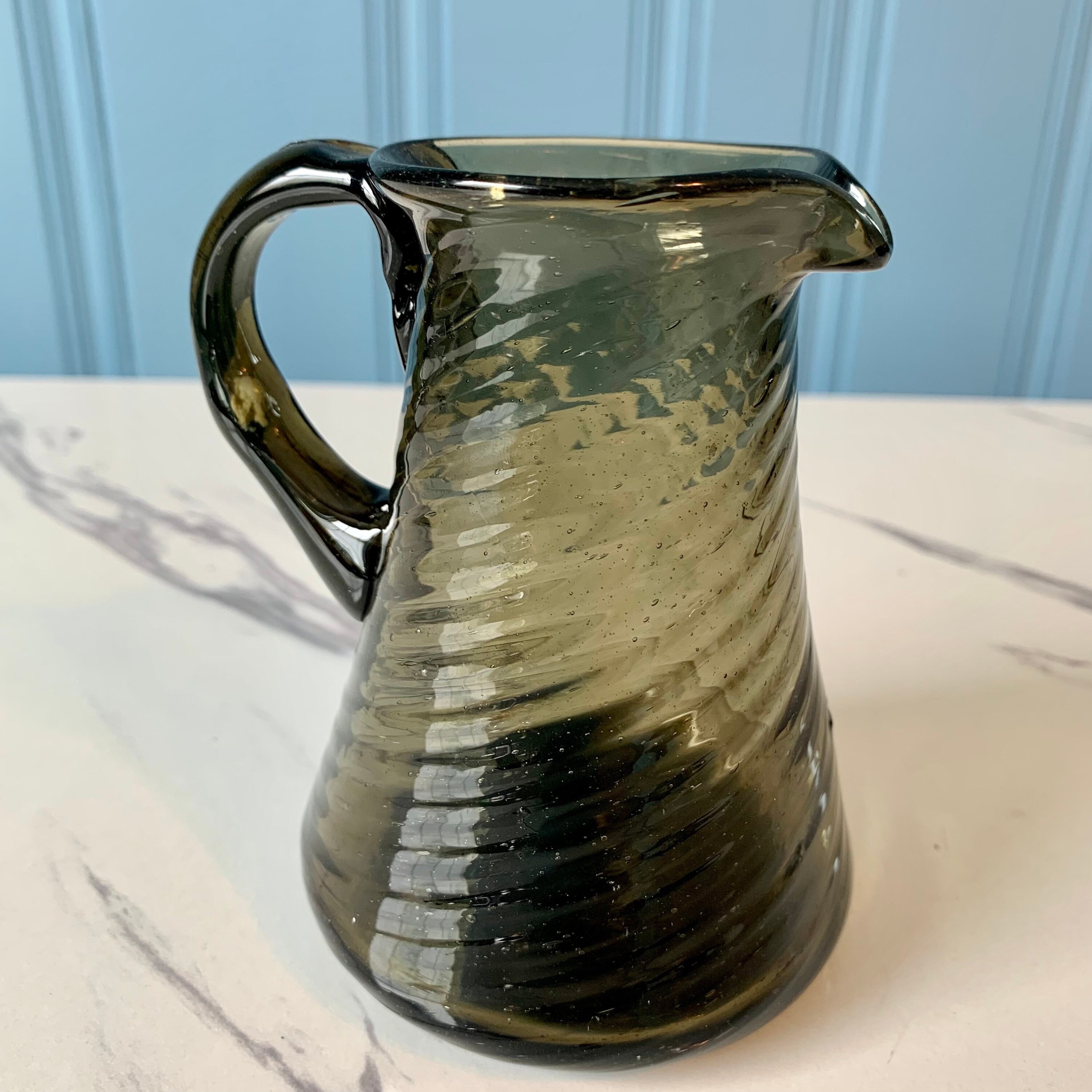 VINTAGE Gray Swirl Art Glass Pitcher Applied Handle Hand - Etsy