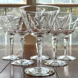 VINTAGE | 6 Libbey Priscilla Champagne Glasses | Tall Sherbets | Cocktail Stemware | Cut Leaf ...