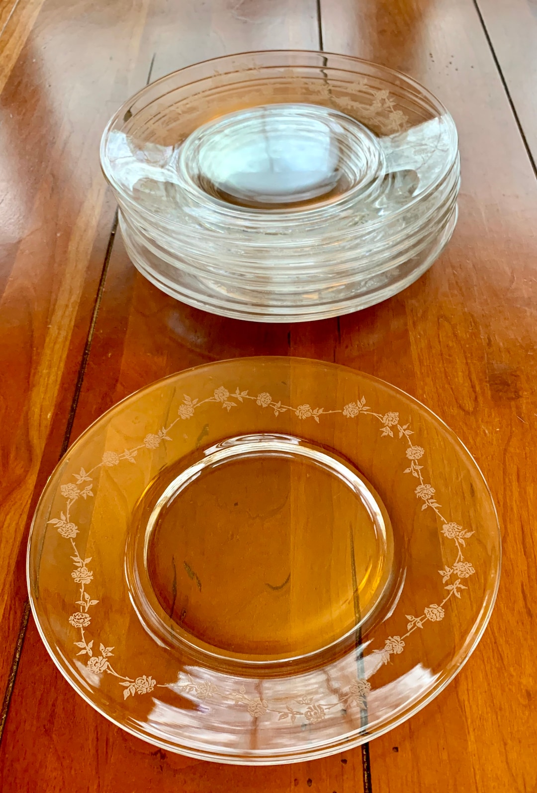 VINTAGE | Set of 7 Mid-century Fostoria Platina Rose Clear 7" Salad ...