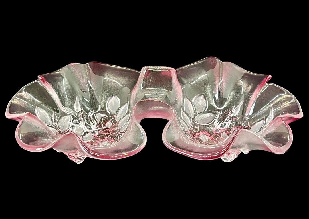 VINTAGE | Mikasa Rosella Pink Glass Double Relish Dish | Frosted Floral ...