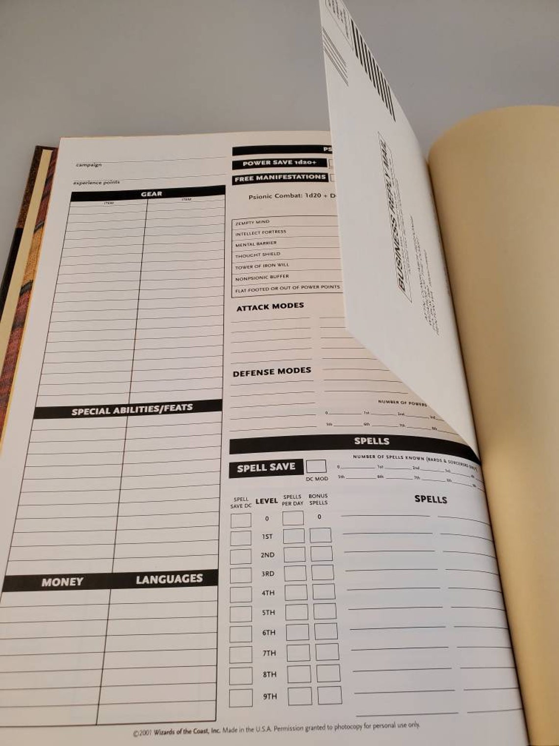 WTC 11835 Psionics Handbook With Character Sheet 2001 Dungeons - Etsy