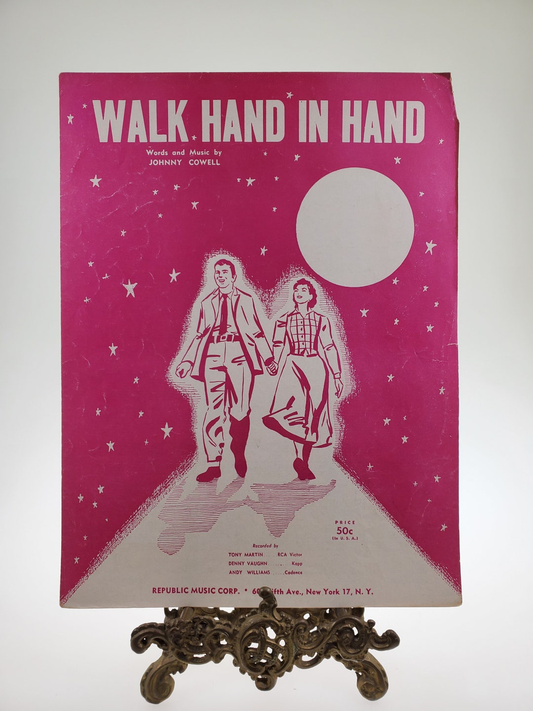 1955 "walk Hand in Hand" Sheet Music Words and Music by Johnny Cowell ...