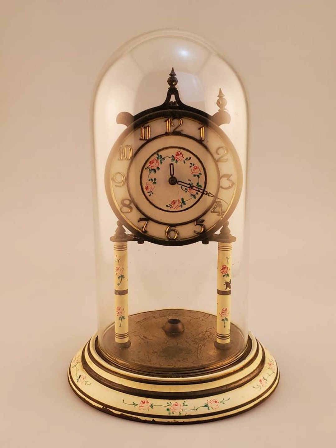 1910's Henry Coehler Hand Painted Glass Dome Anniversary Mantel Clock ...