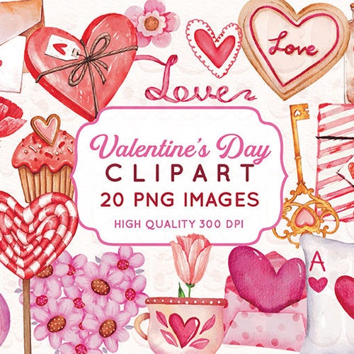 Valentine's Day Watercolor Clipart Pink Valentines Cute - Etsy