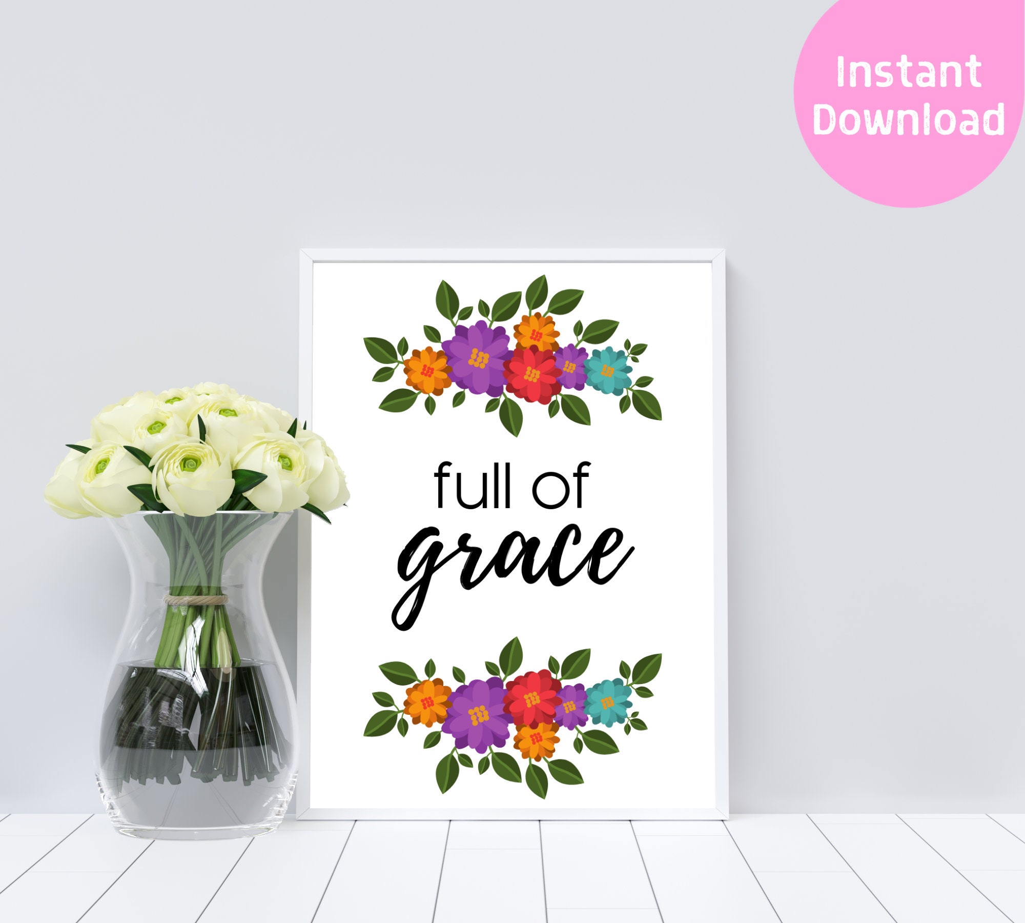 Full of Grace Print, Floral Wall Art, Floral Print, Christian Wall ...