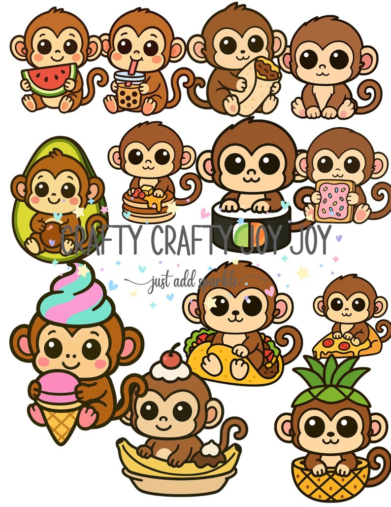 Hungry Monkeys Clipart Set – Cute Food-loving Monkeys Pngs, Kawaii ...