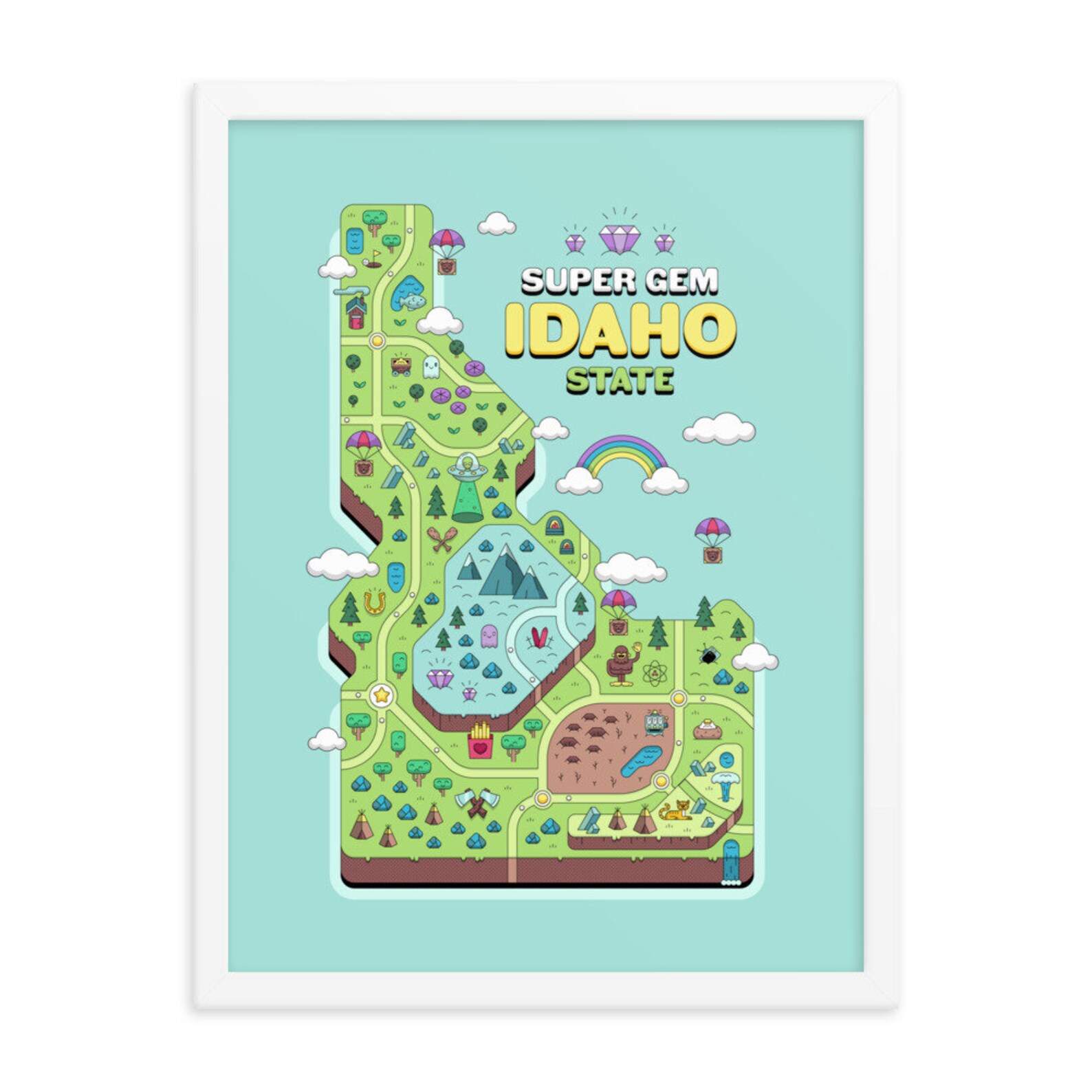 Super Gem State Idaho Video Game Map - Framed Poster - Etsy
