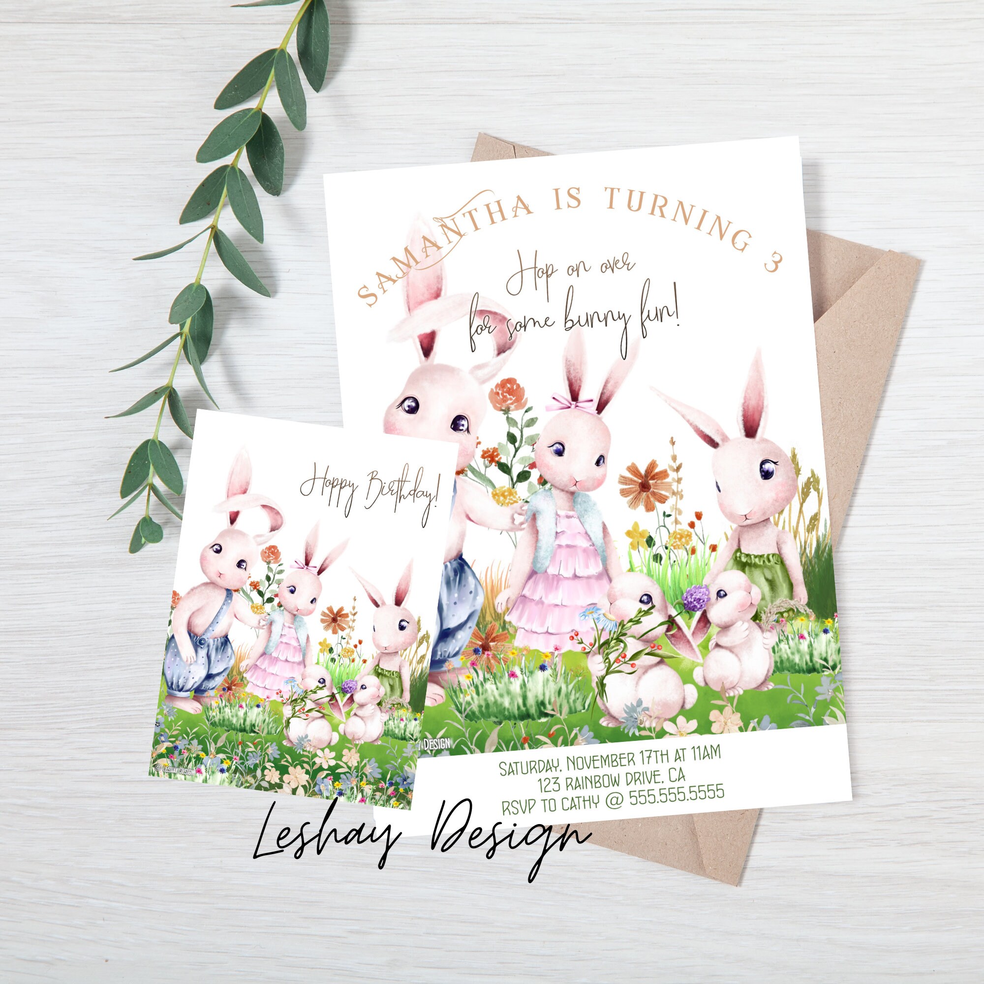 Bunny Rabbit Birthday Invitation for Girls INSTANT DOWNLOAD Any Age ...