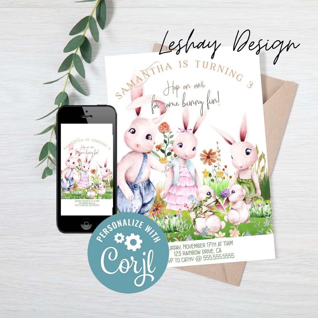 Bunny Rabbit Birthday Invitation for Girls INSTANT DOWNLOAD Any Age ...