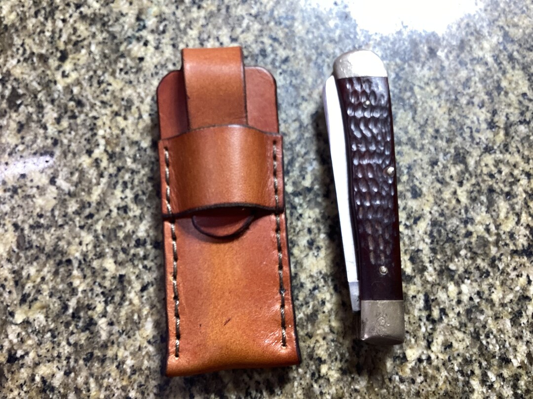 Leather Pocket Folding Knife Slip Pouch Hand Made Hand Stitched Trapper ...