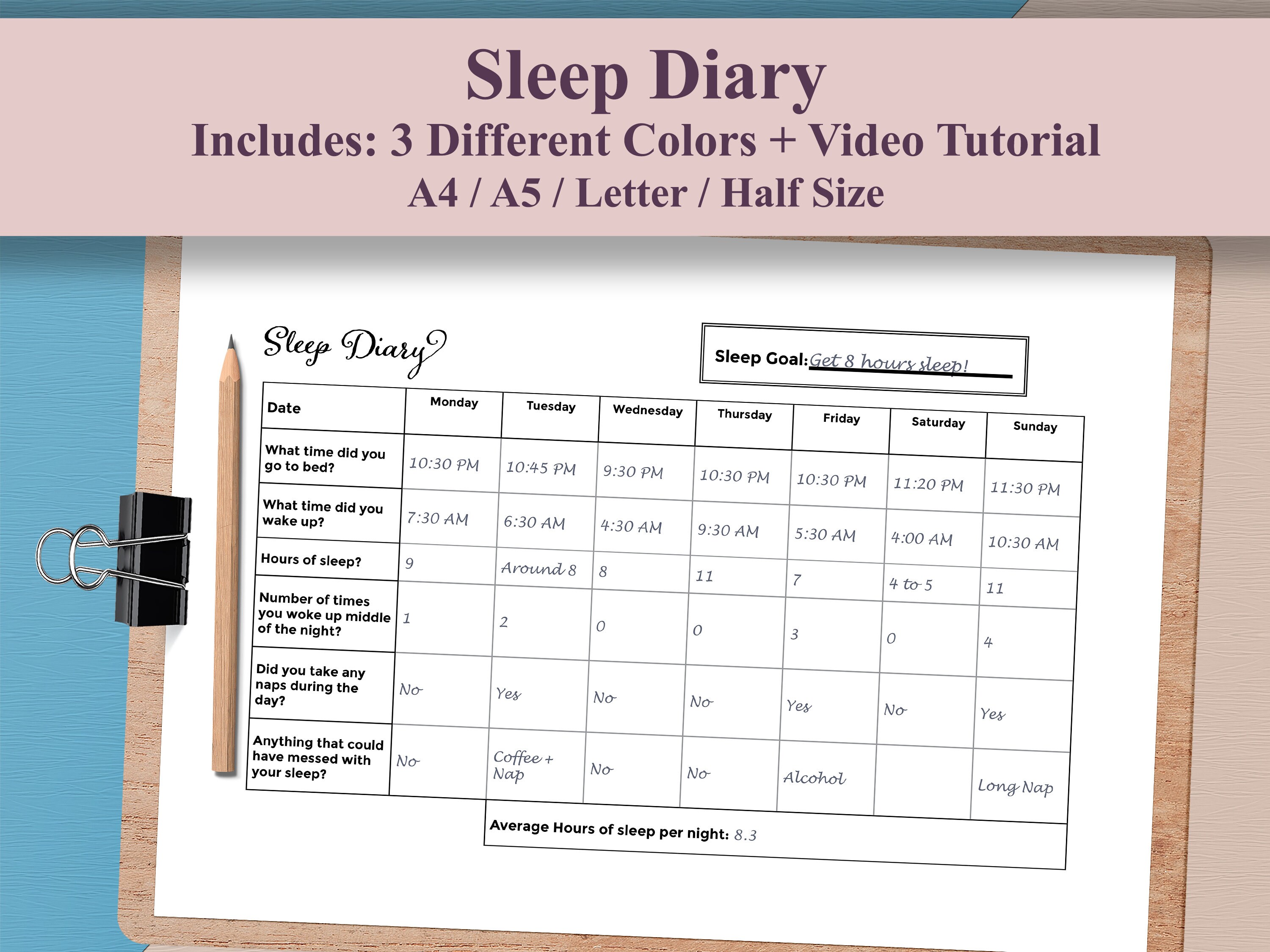 Sleep Tracker Insert Printable | Weekly Sleep Log to Improve Insomnia ...