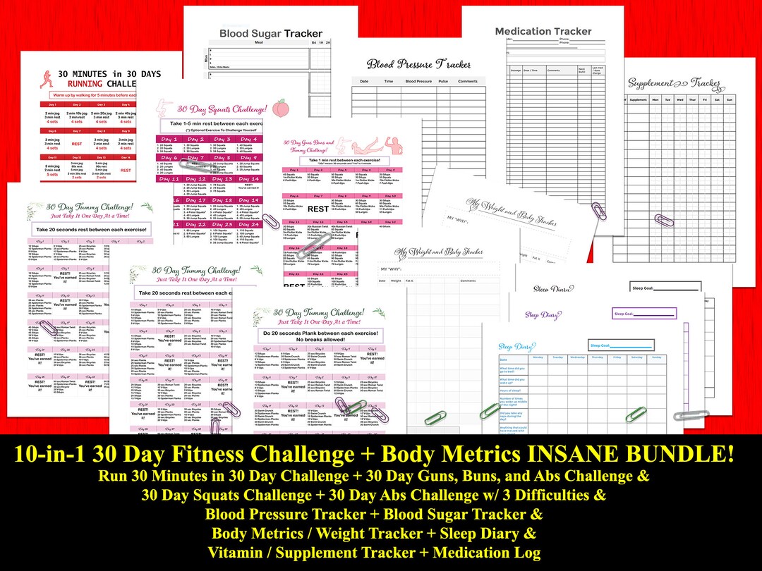 30-day Fitness Challenge + Medical and Body Metrics Tracker Pack, 10-in ...
