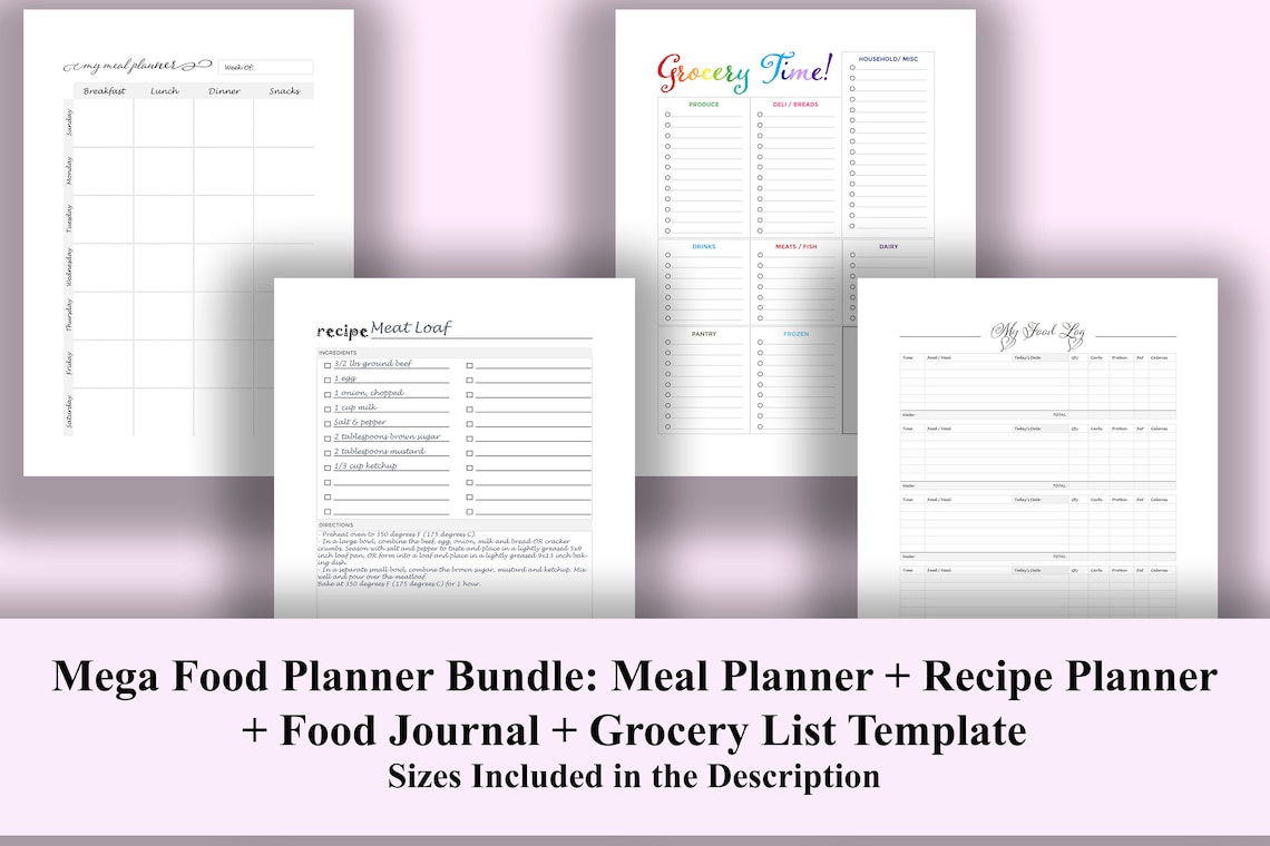Printable Food Log + Grocery List Template + Meal Planner + Editable ...