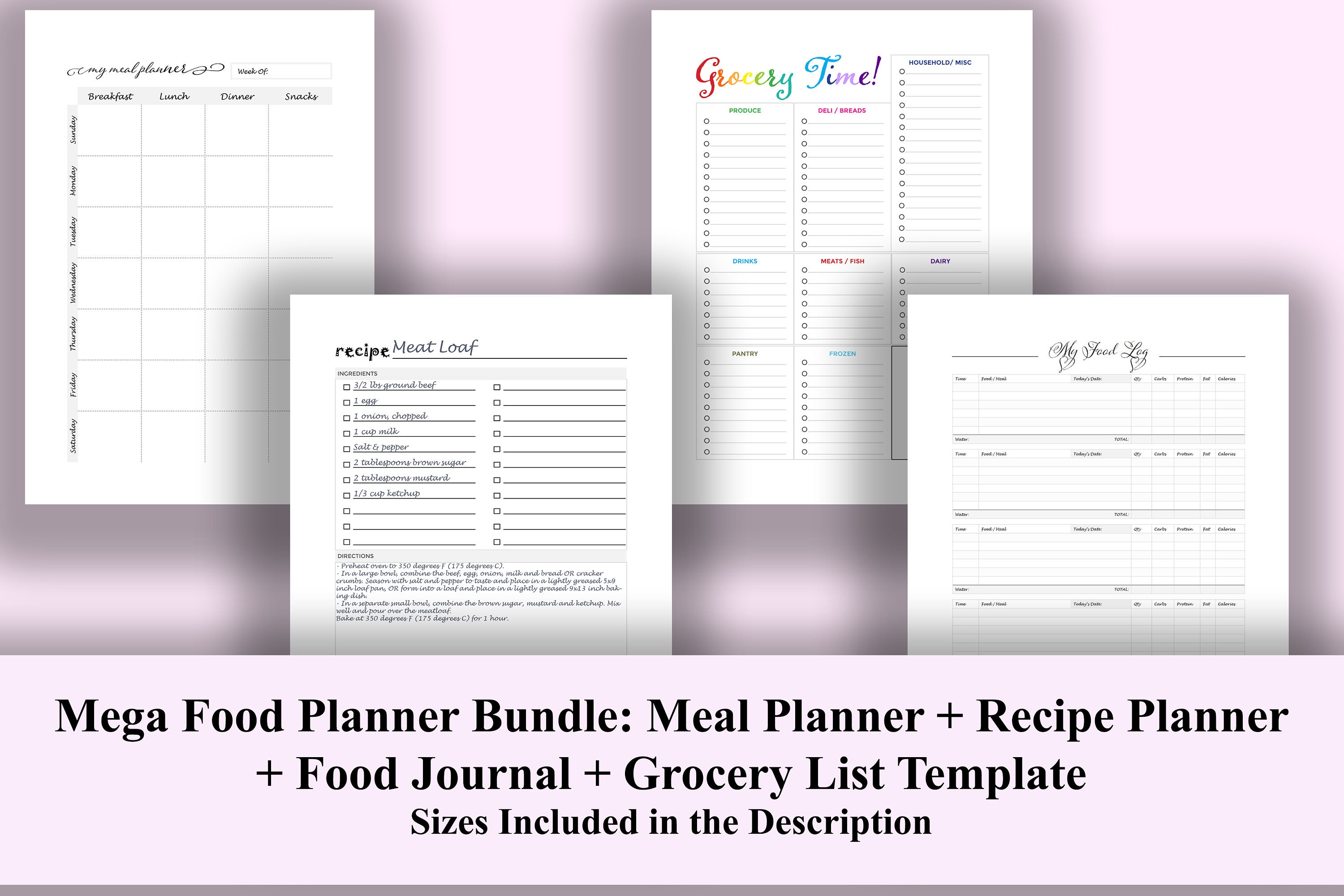 Printable Food Log + Grocery List Template + Meal Planner + Editable ...