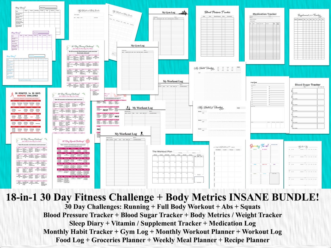 30 Day Fitness Challenge Pack + Meal Planners Pack + Medical Trackers ...