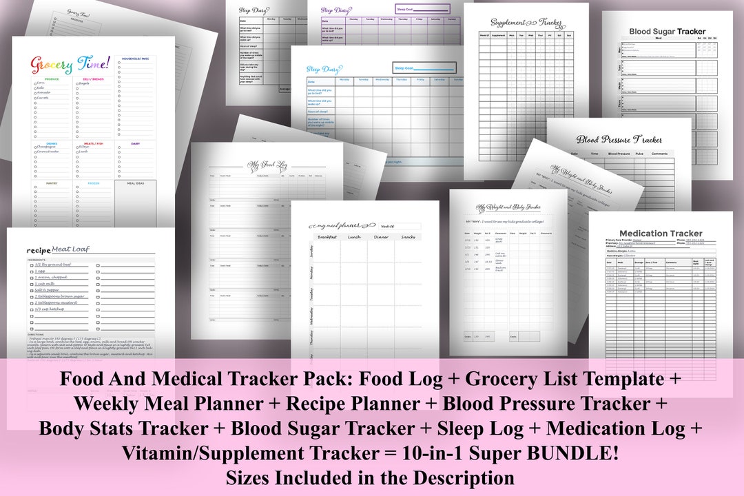 Healthy Foods + Medical Tracker Printable Fitness Bundle, 10-in-1 ...